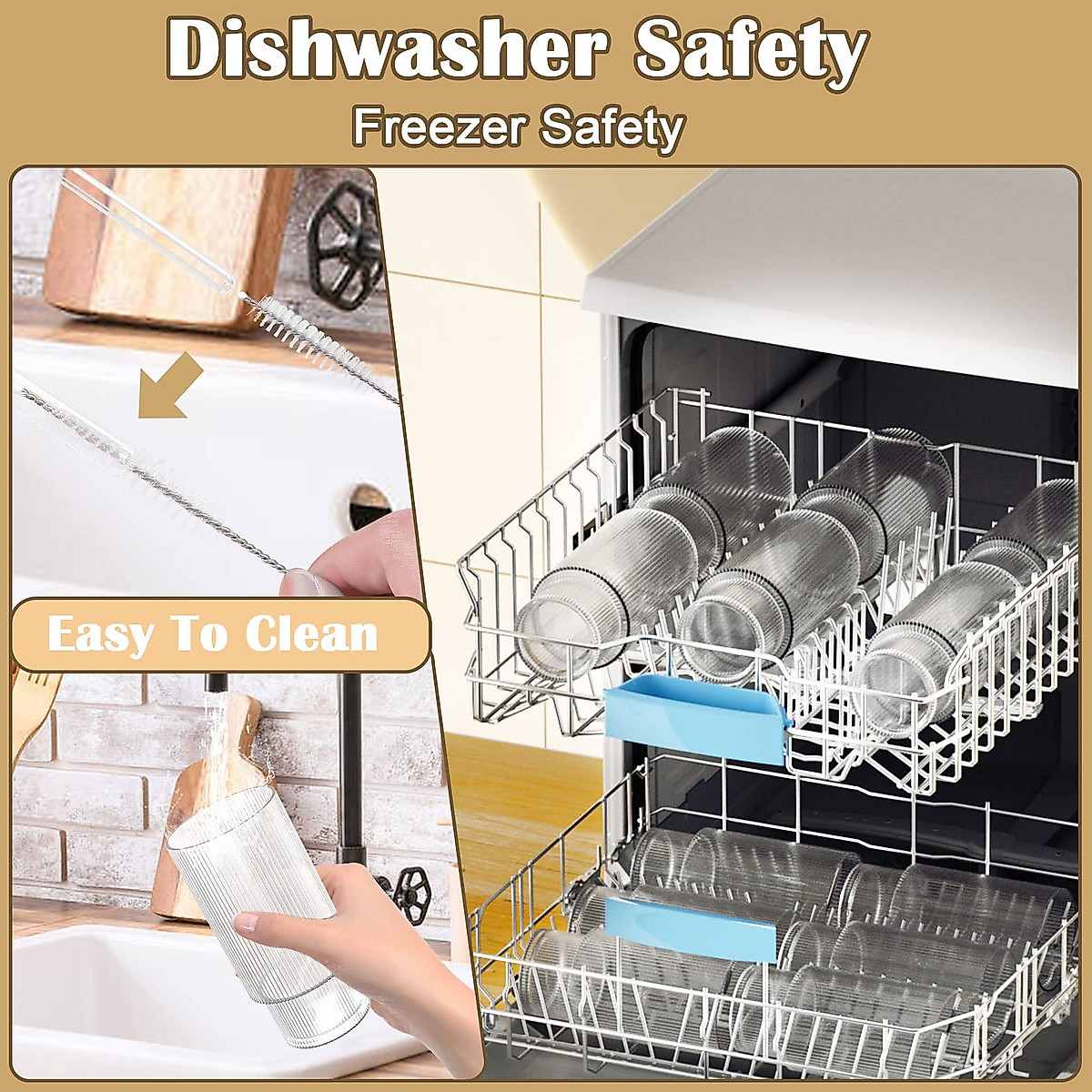 ASIZZED Ribbed Glassware with Straws Vintage Glass Cups 6pcs Set Reusable Wide Mouth Fluted Drinking Glasses 16oz Smoothie Cup Iced Coffee Cup with Clean Brushes for Beer Cocktail Bar Cart Accessories