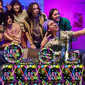 Neon Party Supplies,142Pcs Let Glow Party Decorations Including Disposable Paper Plates,Cups,Tablecloths, Glow in the Dark Theme Decoration for Birthday Baby Shower Party