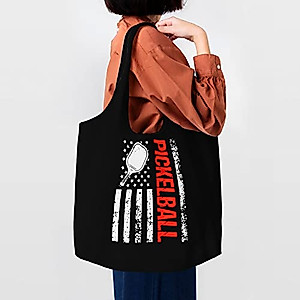 American Flag Pickleball Pickleball Canvas Shoulder Tote Bags Reusable Handbags Shopping Bag For Daily Women Or Men