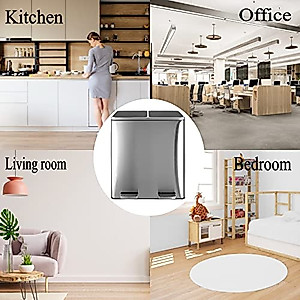 Increkid Dual Trash Can, 16 Gal Stainless Steel Rubbish Bin, Large Garbage Cans for Kitchen with Recycling Bin, Recycle Dustbin w/Removable Inner Buckets, Soft-close and Airtight Lid, Handles, 60L (Silver)