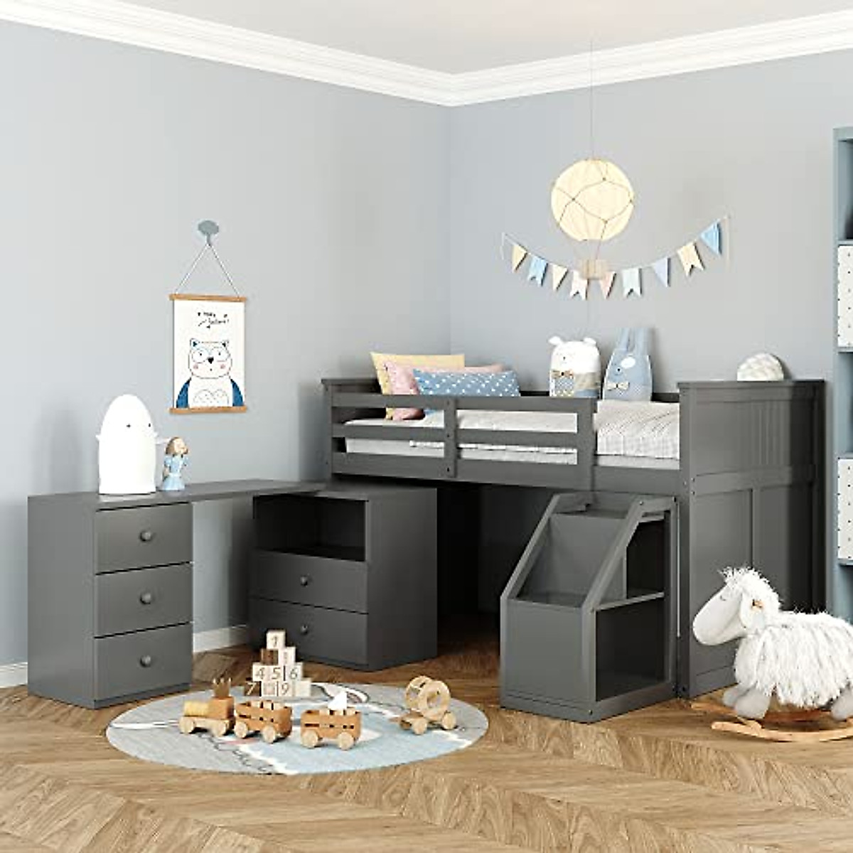 Twin Loft Bed for Kids, Low Study Wooden Loft Bed Frame with Movable Portable Desk and Storage Steps, Low Loft Bed for Kids, Teens (Gray)