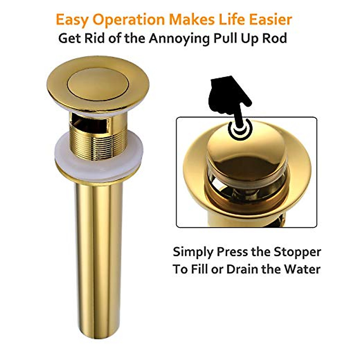 Bathroom Sink Drain Gold, Angle Simple Brass Pop Up Drain, Vanity Sink Stopper Drain Assembly, with Overflow