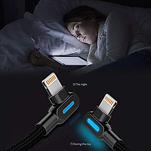 Quickeep 90 Degree iPhone Charger Cable 3 Pack 10ft Right Angle Lighning Cable with Blue LED Light Fast Charging Cable Nylon Braided Cord Compatible with iPhone 12 11 Xs MAX XR X 8 7 6s Plus (Black)