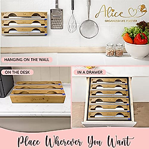 Alice 3-in-1 Foil and Plastic Wrap Organizer with Cutter | Compatible with Plastic Wrap, Aluminum Foil, and Wax Paper | Nature Bamboo Wrap Dispenser for Kitchen Storage Organization for 15 1/4" Roll