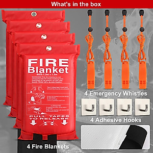 ELDAR 4-Pack Fire Blanket - X-Large Fiberglass Fire Blanket Fire Suppression Blanket - Fire Blankets Emergency for People - Fire Safety Blanket with Emergency Whistles - Fireblanket for Kitchen, Home