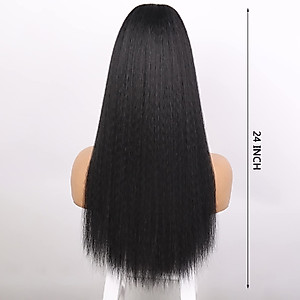 G&T Yaki Drawstring Ponytail Extension with Bangs - Long Yaki Straight Clip in Ponytails Extension for Black Women Synthetic Hairpiece for Daily Party Use (1B, 24 inch)