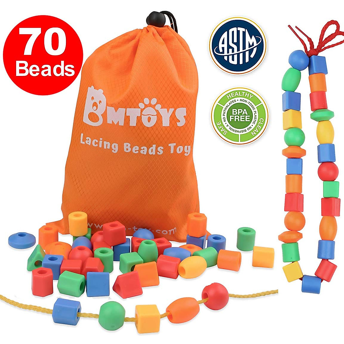 BMTOYS Lacing Beads for Kids - 70pcs Threading Beads Occupational Therapy Toys for Kids Fine Motor Skills Developmental Activity OT Toys