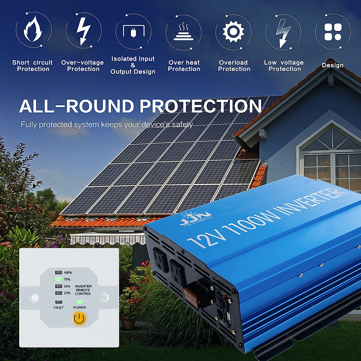 JJN Power Inverter 1100 Watt Modified Sine Wave Inverter 12V DC to 110V AC Converter for Home, Laptop, Off-Grid Solar Power Inverter with Built-in 5V/2.1A USB Port, 2 AC Outlets, Remote Controller