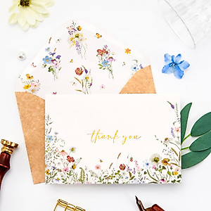Crisky 4 Assorted Gold Foil WildFlowers Thank You Cards, (50 Cards with Envelopes for Birthday, Baby Shower, Bridal Shower, Wedding, All Occasion)