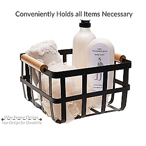 Simplify Square Metal Storage Basket with Bamboo Handles | Medium | Farmhouse Style Wire Basket | Home Organizer | Decorative | Rustic | Black