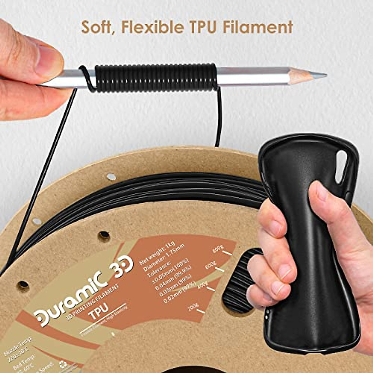 TPU Filament 1.75mm Black and Gray Bundle, DURAMIC 3D TPU Flexible Filament 95A, Soft TPU 3D Printing Filament, 1kg Spool, Dimensional Accuracy +/- 0.05mm, Black 1 Pack