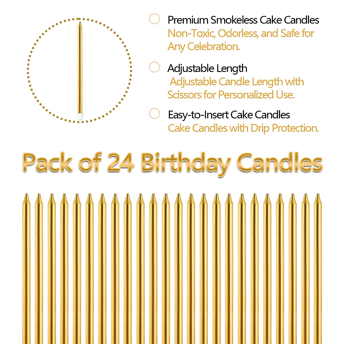 LITAUS, Cake Candles - Gold, 24 Count | Birthday Candles for Cake | Sparkler Candles for Birthday Cake | Happy Birthday Candles | Cake Candles for Cake Decorations, Birthday Parties, Weddings