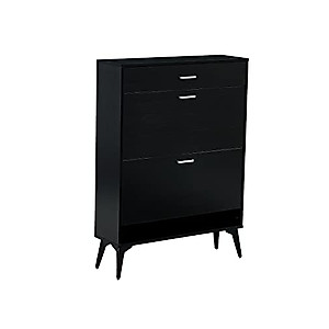 Angel Sar Shoe Cabinet with 2 Flip Drawers for Entryway, Free-Standing Shoe Storage Cabinet, Storage Organizer, Open Shelf&Large Drawer, Black