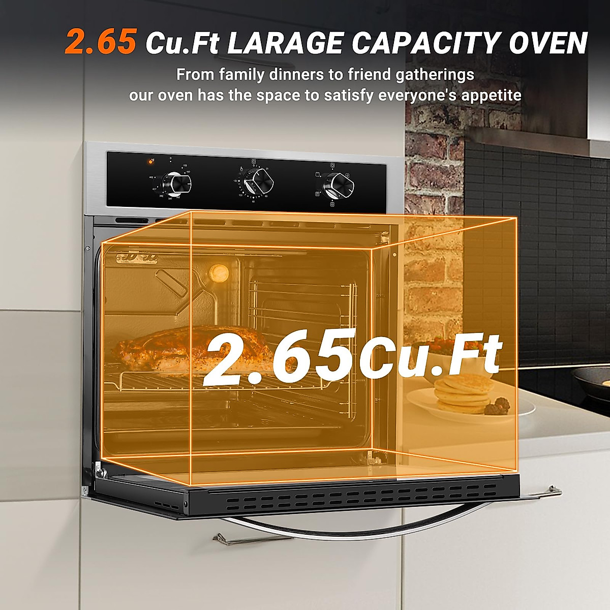 AMZCHEF 24" Single Wall Oven, 2.65 Cu.ft. Built-in Electric Wall Oven with 5 Cooking Functions, 360° ROTATING ROTISSERIE, 2200W, Mechanical Knobs Control, Timer, Stainless Steel Wall Oven for Kitchen