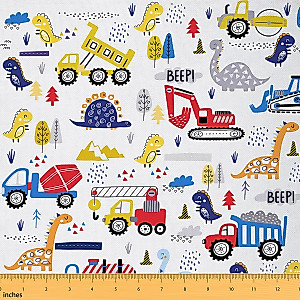 Cartoon Car Sets for Boys 1 Yard Kids Construction Dinosaur Upholstery Fabric for Chairs Equipment Trucks Decorative Waterproof Outdoor Fabric Cute Vehicles Kawaii Jungle Dino Decor Red Yellow Blue