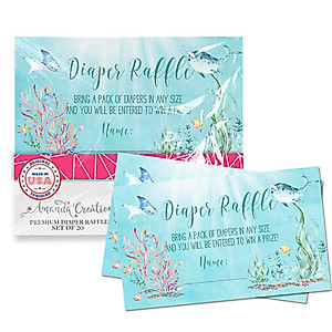 Amanda Creation Underwater Cute Sea Life Diaper Raffle Tickets for Baby Showers, 20 2" X 3” Double Sided Insert Cards for Games, Bring a Pack of Diapers to Win Favors & Prizes!