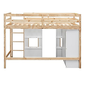 BOVZA Twin Size Loft Bed with Built-in Storage Wardrobe and 2 Windows, Wood Playhouse Loft Bed Frame with High Guard Rails for Kids Boys Girls Teens, Natural+White