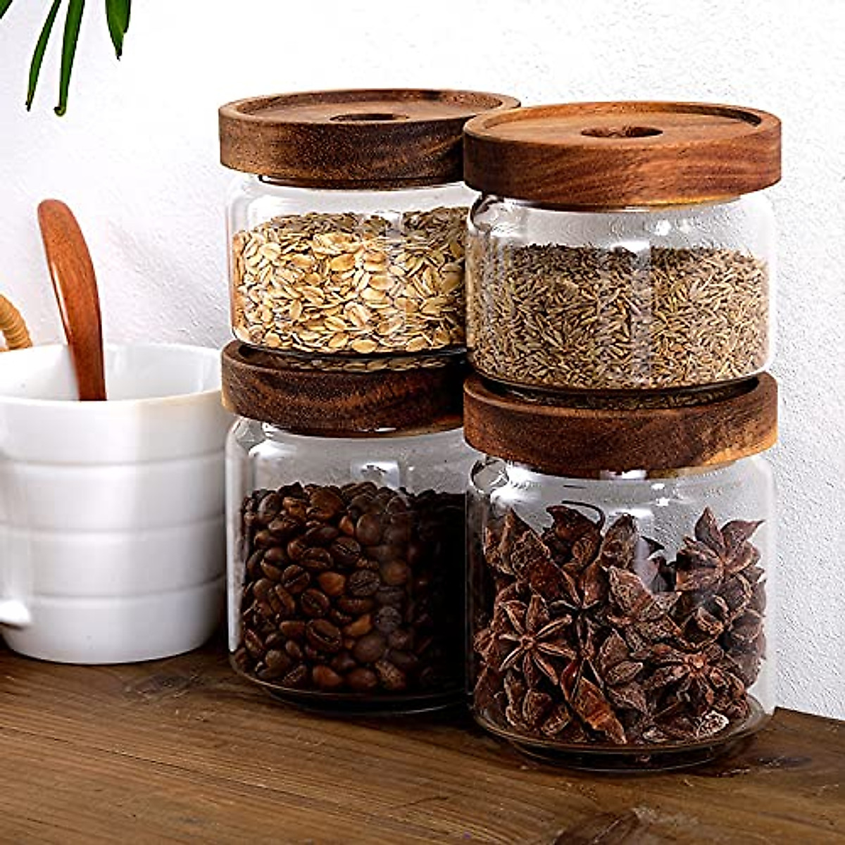 UKYLIN Glass Jar with Wood Lid, Airtight Glass Food Jar Canister, Clear Kitchen Food Storage Containers for Flour, Sugar, Coffee Beans, Candy, Snack, Cookie and More (1000ml 35 FL OZ)