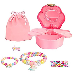 Zubumdy Kids Musical Jewelry Box With Light Unicorn Jewelry Set, Toddlers Jewelry Gift Set Girls Pretend Play Princess Dress Up Necklace Bracelet Ring Dreamy Pink