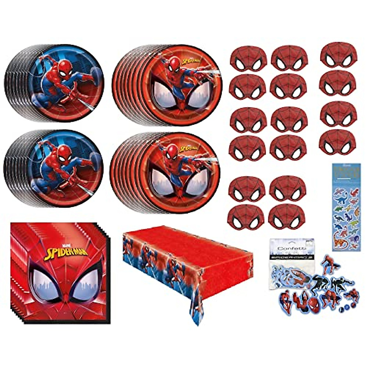 Unique Spiderman Birthday Party Supplies Bundle Pack includes Dessert Cake Paper Plates, Lunch Plates, Napkins, Table Cover, Paper Masks, Confetti (Bundle for 16)