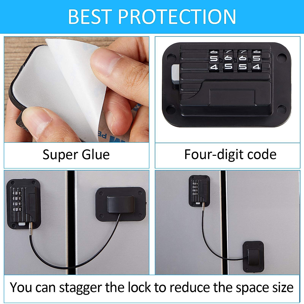 Jetec 2 Pieces Refrigerator Lock 4 Number Coded Freezer Lock Adhesive Fridge Door Lock Combination Safety Locks for Refrigerators Freezers File Cabinets Drawer Refrigerator Door(Black)