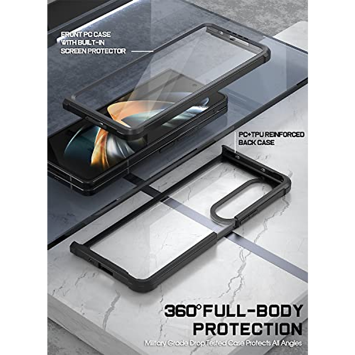 Poetic Guardian Case for Samsung Galaxy Z Fold 4 7.6 Inch,[Mil-Grade Protection] Ultra-Thin Full-Body Hybrid Shockproof Protective Rugged Clear Cover with Built-in Screen Protector, Black/Clear