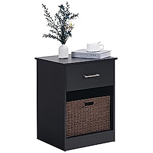 Reettic Wooden Nightstand Set of 2, End Table with Sliding Drawer and Opening Shelf, Sofa Bedside Table for Bedroom, Black RCTG101B02