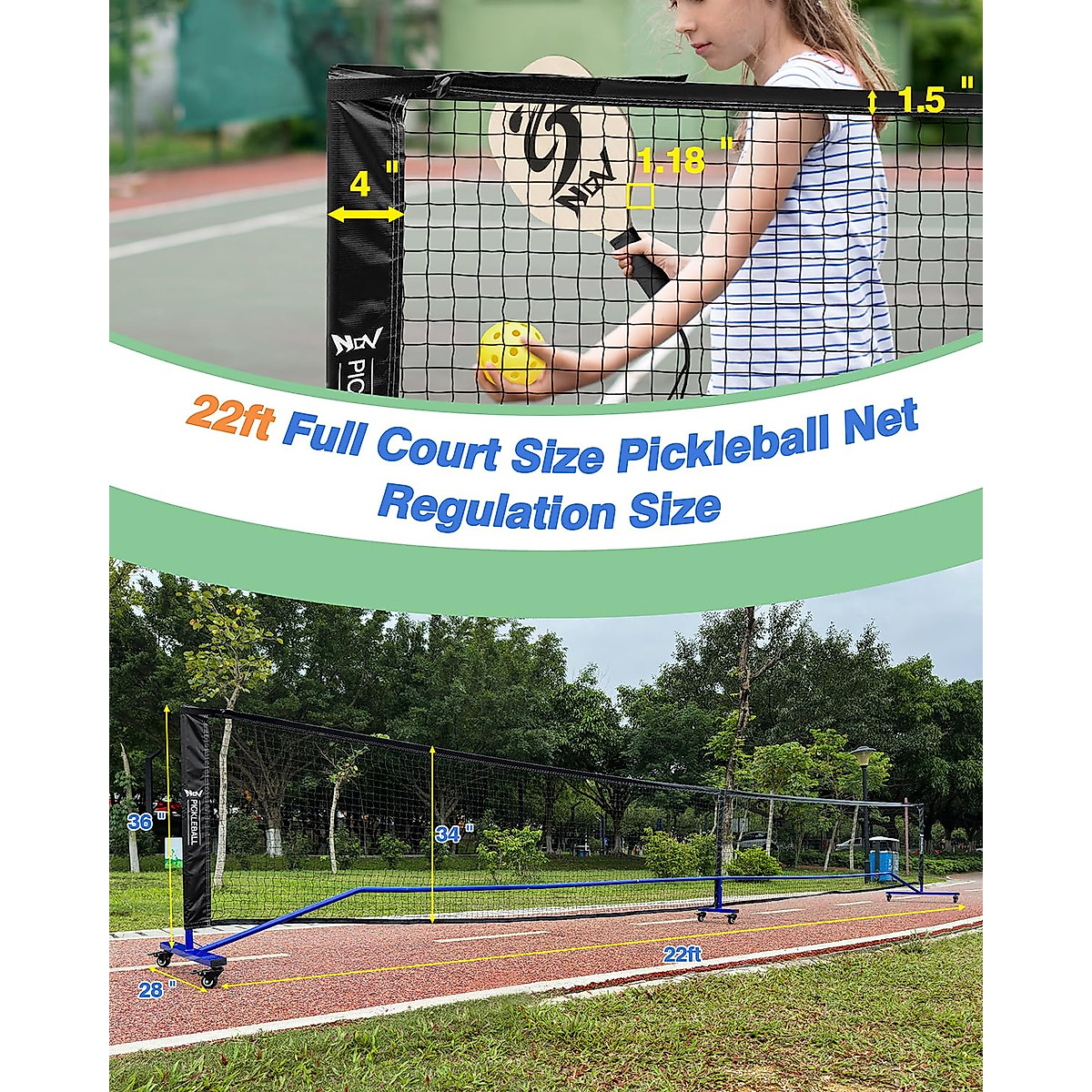 NQV Pickleball Net Set with Wheels,Pickleball Set with Net,22ft Full Court Size Regulation Size Pickleball Net Portable Outdoor Indoor Driveway,4 Wood Paddles,4 Pickleballs,Storage Bag,Chalks