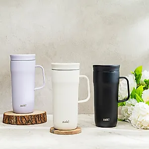 Zak Designs Harmony Tumbler for Travel or At Home, 20oz Recycled Stainless Steel is Splash-Proof and Vacuum Insulated with Slide Lid and Handle (Ebony Black)