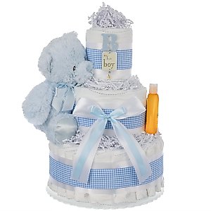 Lil' Baby Cakes Boy Blue Diaper Cake - Makes a Beautiful Baby Gift - Adorable and Practical Handmade Baby Gift with 42 Swaddler Diapers Size 1-10 in x 12 in