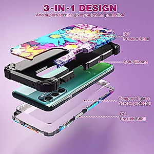 Moto G Stylus 5G 2022 Case With Tempered Glass Screen Protector,IDweel 3 in 1 Shockproof Slim Fit Hybrid Heavy Duty Protection Hard PC Cover Soft Silicone Rugged Bumper Full Body Case for Girl,Flower