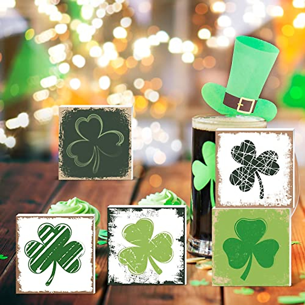 6 Pcs St. Patrick's Day Wood Signs Rustic Shamrock Standing Blocks Decor for Home St. Patrick's Day Table Centerpiece Shamrock Tiered Tray Decorations for Shelf Party Decor