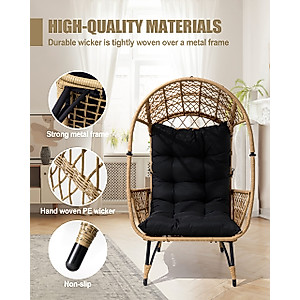 JOINHOM Hand Woven Wicker Egg Chair, Patio Sun Shade Egg Chair with Wide Armrest Allow You to Relax, Strong Metal Frame Lounge Chair w/Cushion for Garden, Balcony, Living Room