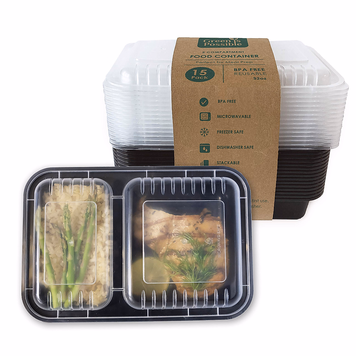 Meal Prep Containers pack | 2 compartment | 32oz | 15 sets per pack.