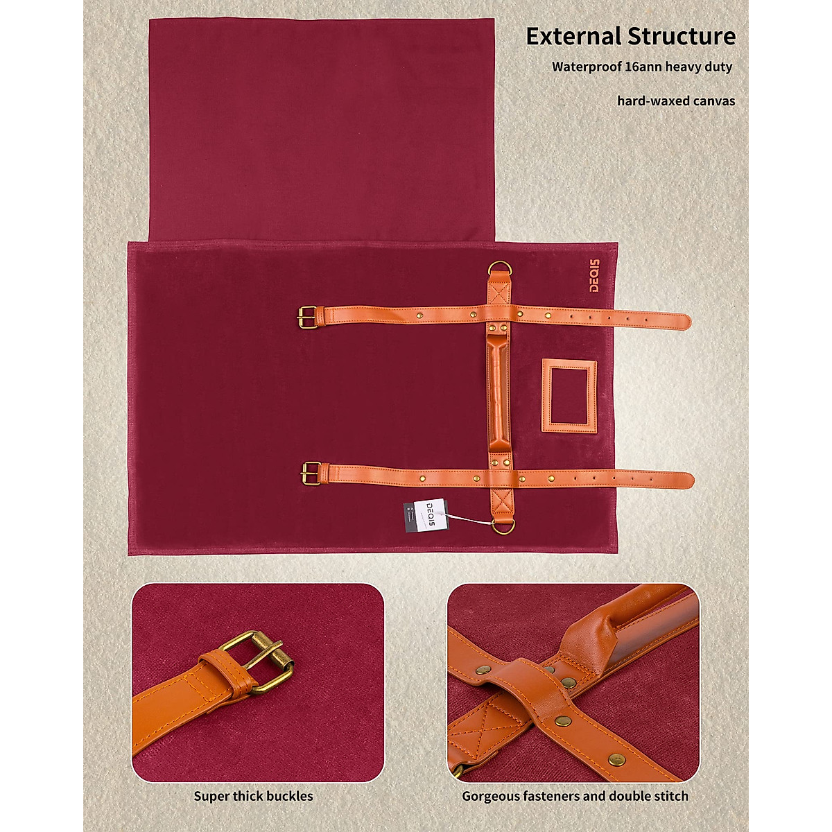 DEQIS Knife Roll Chef Waxed Canvas Bag Storage 13 Slots and 1 Large Zipper Pocket Carry Shoulder Strap Handle and Name Card Professional Folding Cooking Tools Case Organizer,Knives Not Included,Red