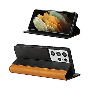 JWS-C Samsung Galaxy S21 Ultra Wallet Case with Card Holder Slots Luxury Flip Leather Cover for Samsung Galaxy S21 Ultra 6.8 inch-Black Yellow Samsung S21 UItra5G Samsung s21 Ultra