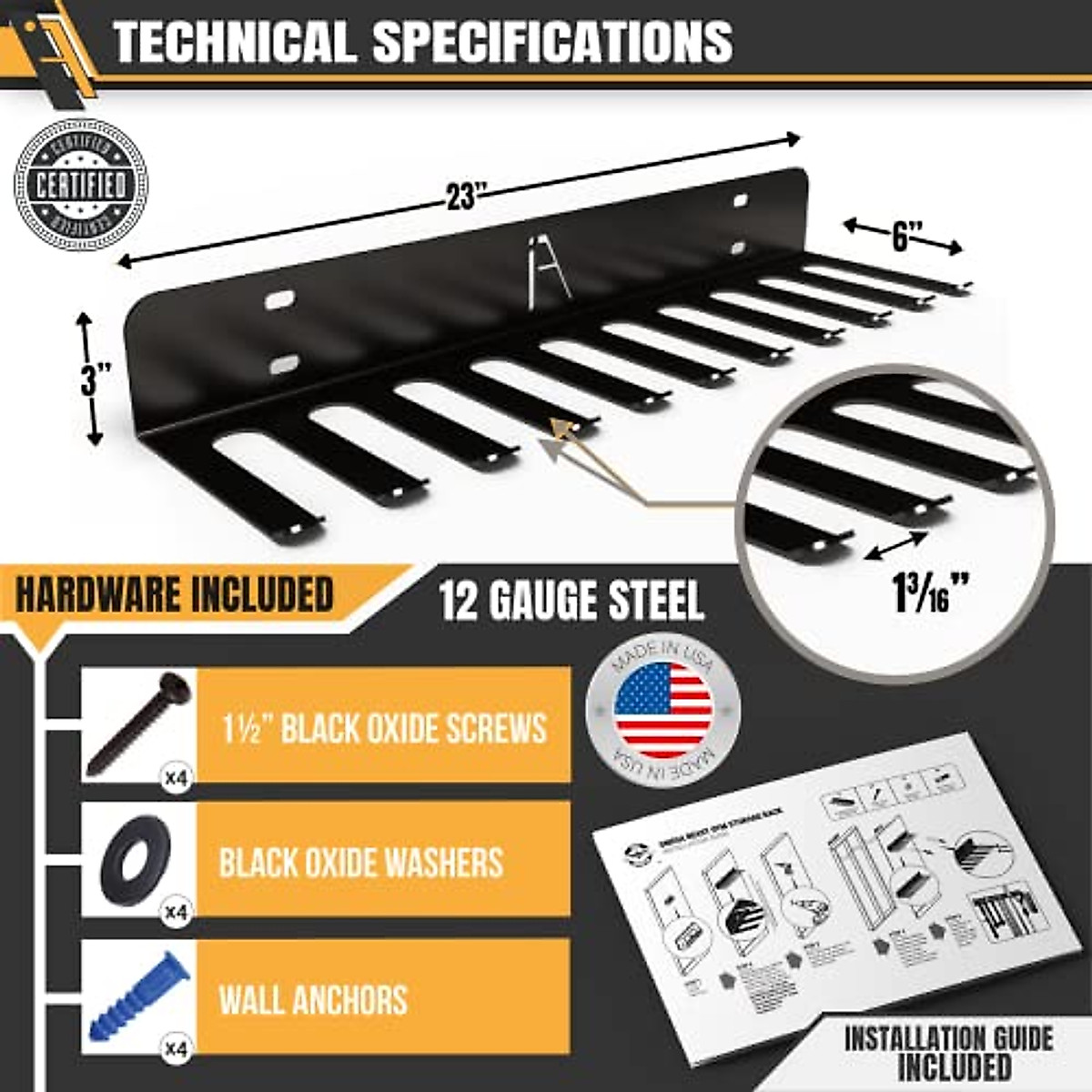 IRON AMERICAN USA Omega Gym Storage Rack 9 OR 11 Hook Heavy-Duty Gym Wall Organizer Gym Caddy Hanger - Gym Accessory Storage - Resistance Bands, Jump Ropes, Barbells, Lifting Belts, Cable Attachments