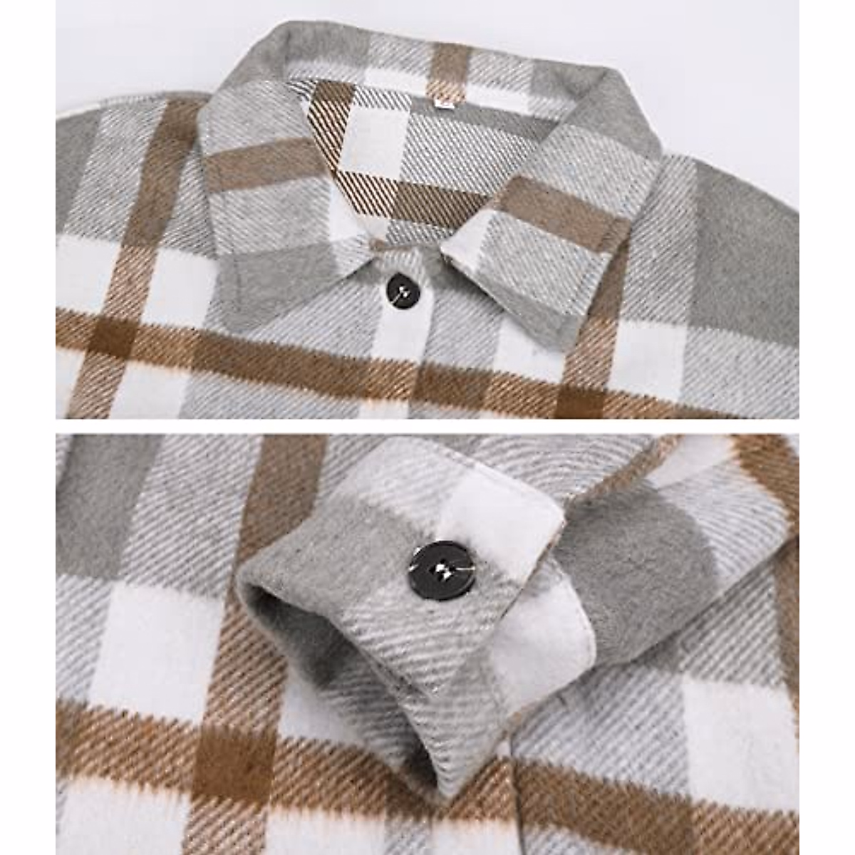 Beaully Women's Brushed Plaid Shirts Long Sleeve Flannel Lapel Button Down Pocketed Shacket Jacket Coats 6017 Khaki Medium