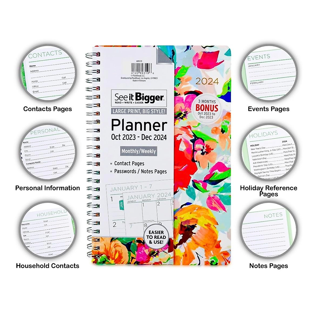 PlanAhead See IT Bigger April 2024 - June 2025 Size 8.75" x 5.5" x 0.5" Monthly/Weekly Medium Planner and Twin Fluorescent Pen (Floral Coppa)