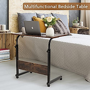 Hadulcet Mobile Side Table, Mobile Laptop Desk Cart, Mobile Computer Desk Stand Up Desk Office, Adjustable Over Bed Table with Wheels for Sofa, 31.5 x 15.7 in Rustic Brown