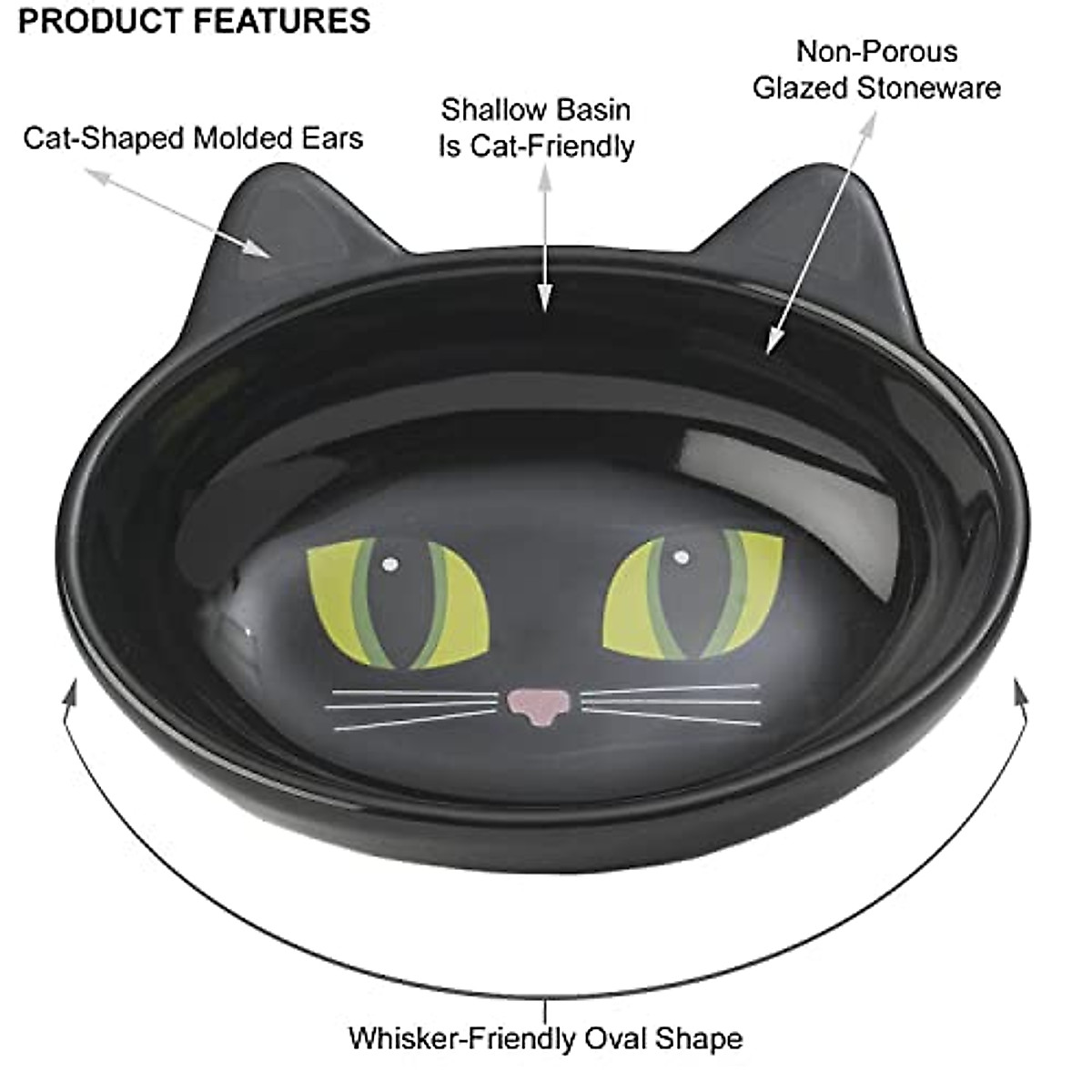 PetRageous 10011 Oval Frisky Kitty Stoneware Cat Bowl 5.5-Inch Wide and 1.5-Inch Tall Saucer with 5.3-Ounce Capacity and Dishwasher Safe is Great for Cats, Black