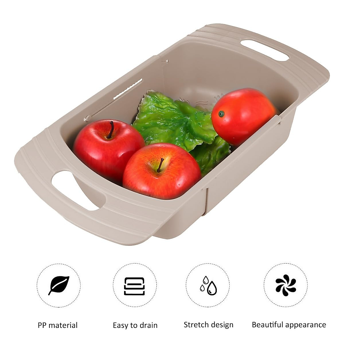Extendable Colander Strainer Basket Over the Sink - Retractable Kitchen Sink Basket to Wash Vegetables and Fruits Khaki