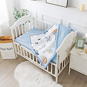 Soul & Lane Space Baby Bedding Crib Set for Boy (Set of 3 - Space Baby Quilt, Crib Fitted Sheet for Boys, and Changing Pad Cover): Washable Space Crib Set, Reversible White and Blue Crib Bed Set