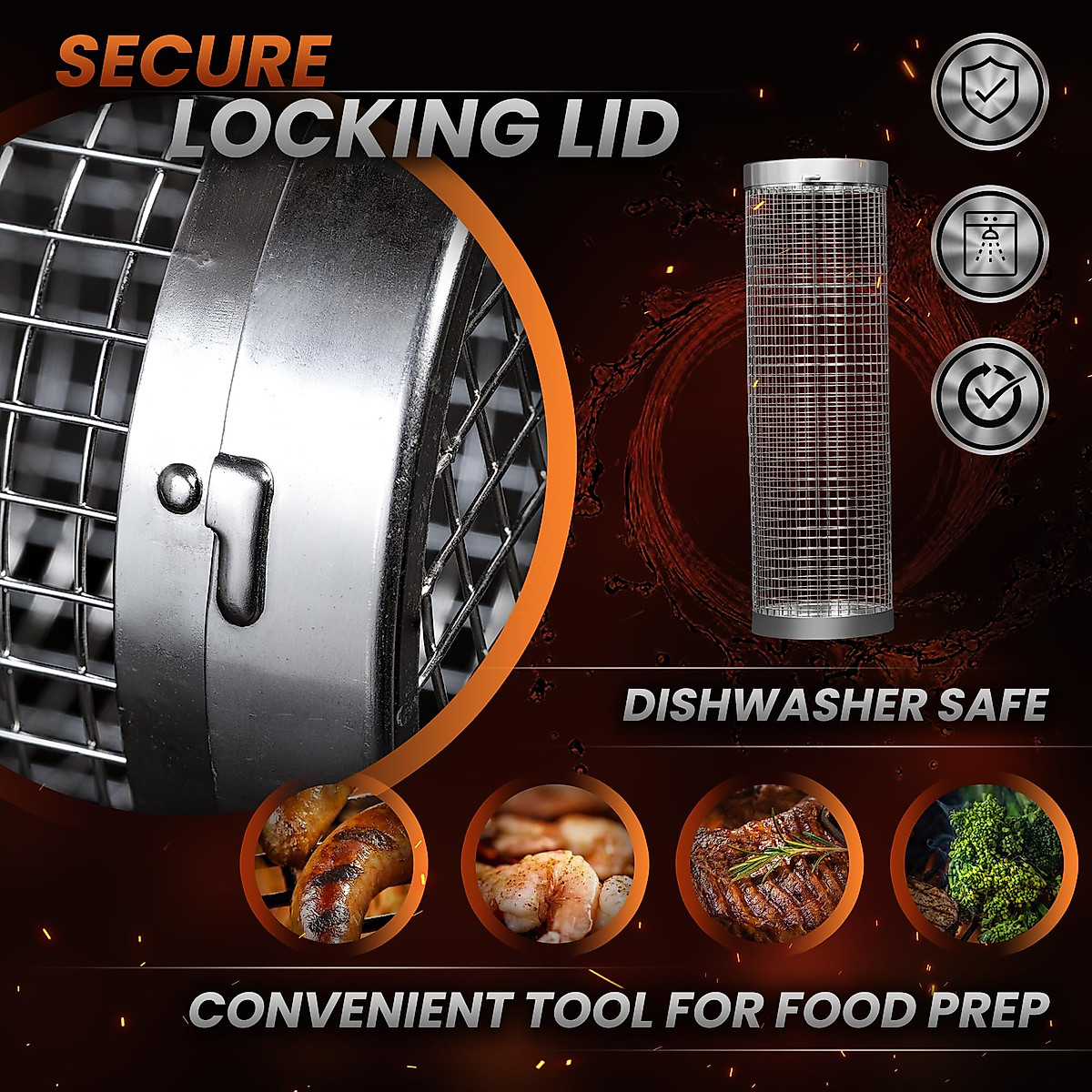 2PCS Rolling Grill Baskets for Outdoor Grill, Big Green Egg Accessories-Set Includes Fork, Hook, and Oil Brush-304g Stainless Steel-Perfect Gifts for Dad, Camping Must Haves, Unique Outdoor Gifts