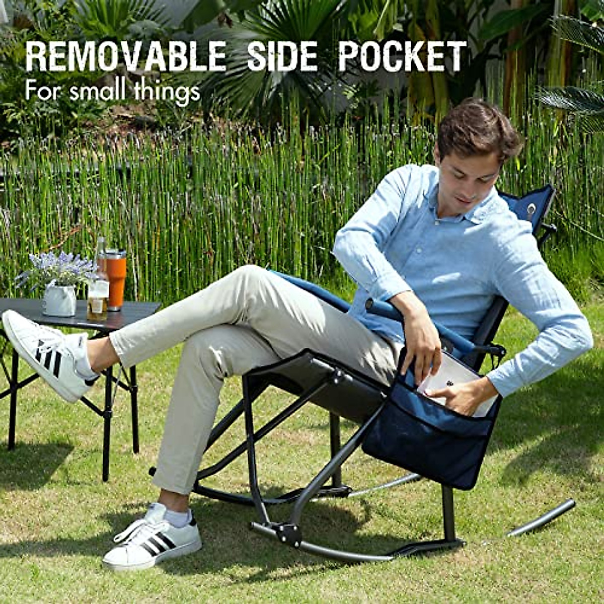 PORTAL Folding Rocking Chair, Oversized Camping Rocker Outdoor with High Back Hard Armrest, Support 300lbs (Blue)