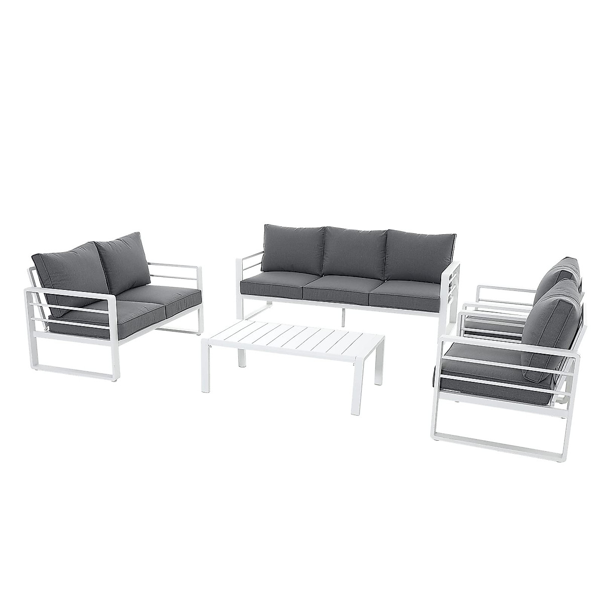 Patiorama Aluminum Patio Furniture Set, 5 PCS Modern Patio Conversation Set, All Weather White Outdoor Sectional Sofa Set w/Coffee Table, Patio Seating Set, Olefin Cushion, Garden-Grey Cushion