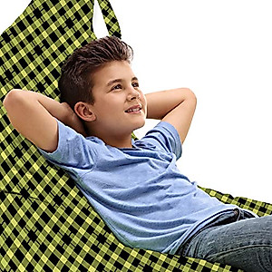 Lunarable Plaid Lounger Chair Bag, Diagonal Designed Retro Style Checkered Art Illustration Print, High Capacity Storage with Handle Container, Lounger Size, Apple Green and Charcoal Grey