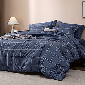 Bedsure Twin Comforter Set - 5 Pieces Navy Blue Grid Bedding Sets Twin Bed in A Bag with Comforters Twin Size, Sheets, Pillowcase & Sham, Bed Sets