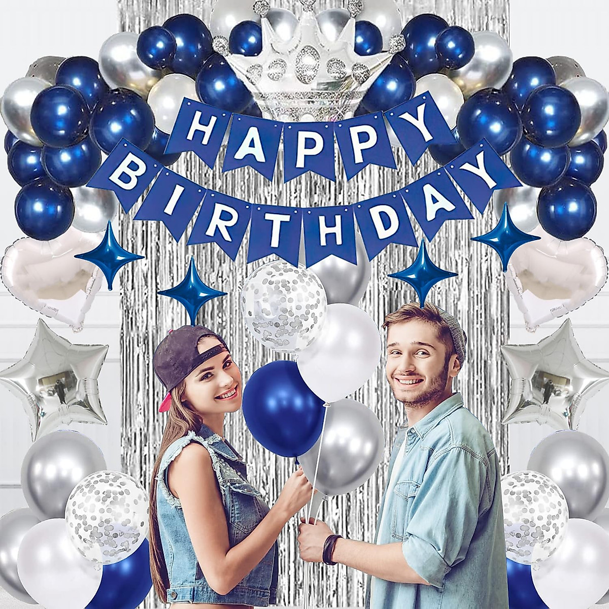 Navy Blue Happy Birthday Party Decorations Set for Men Boys Women Girls, Banner, Crown Balloon, Fringe Curtains, Cake Topper，tablecloth for 16th 18th 21st 25th 30th 40th 50th Party Supplies