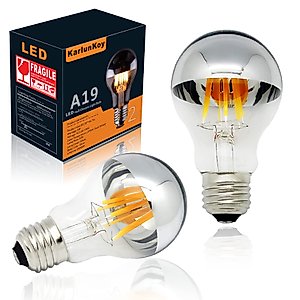 KarlunKoy Half Chrome Light Bulb Dimmable 6W (60W Equivalent) A19 A Shape Decorative LED Edison Bulb Silver Mirror Reflected Light 2700K Warm White E26 Base Pack of 2